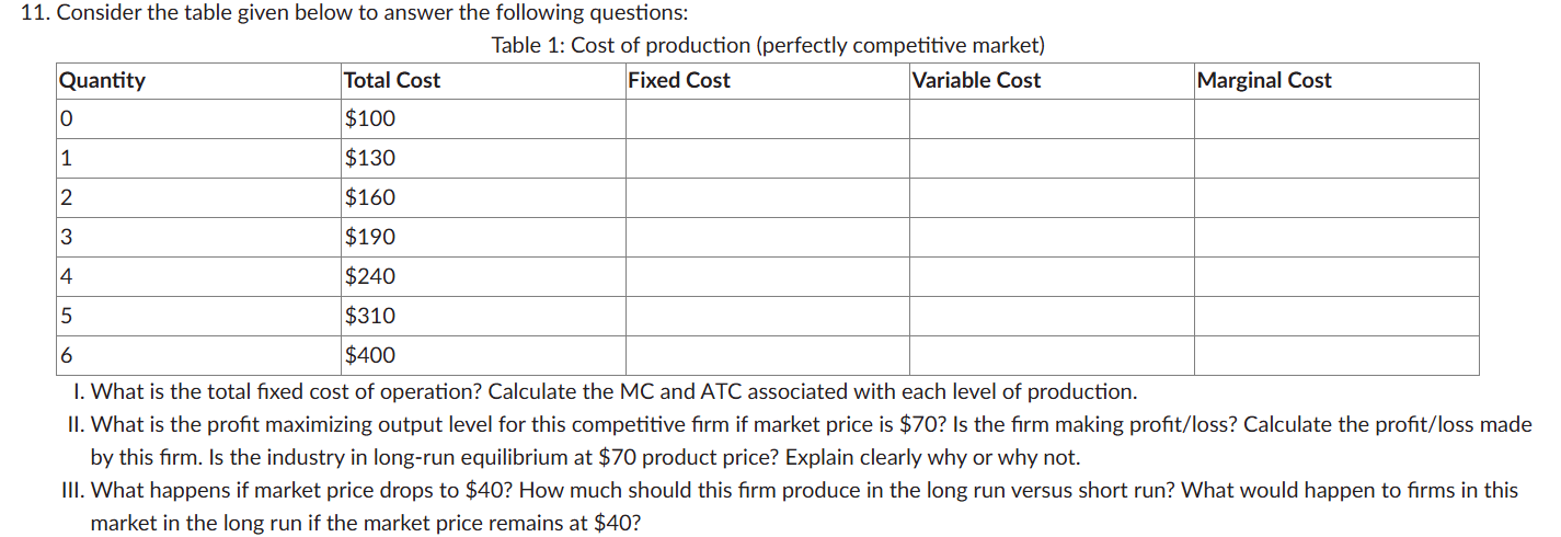 Solved 11. ﻿Consider the table given below to answer the | Chegg.com