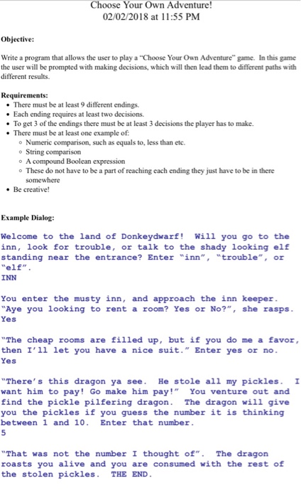 Solved Choose Your Own Adventure! 02/02/2018 at 11:55 PM | Chegg.com