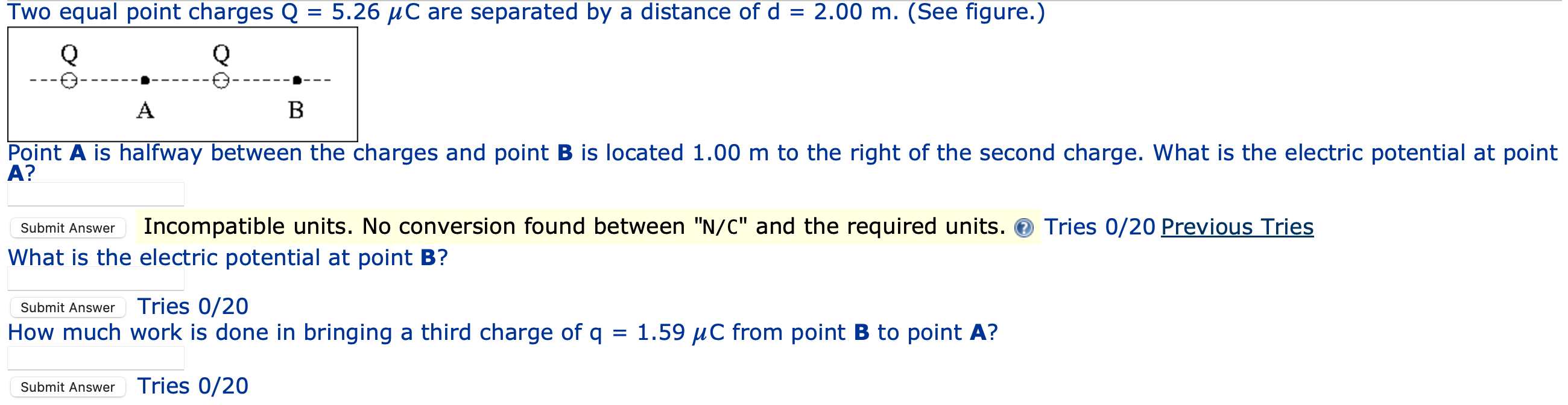 Solved Two equal point charges Q=5.26μC are separated by a | Chegg.com