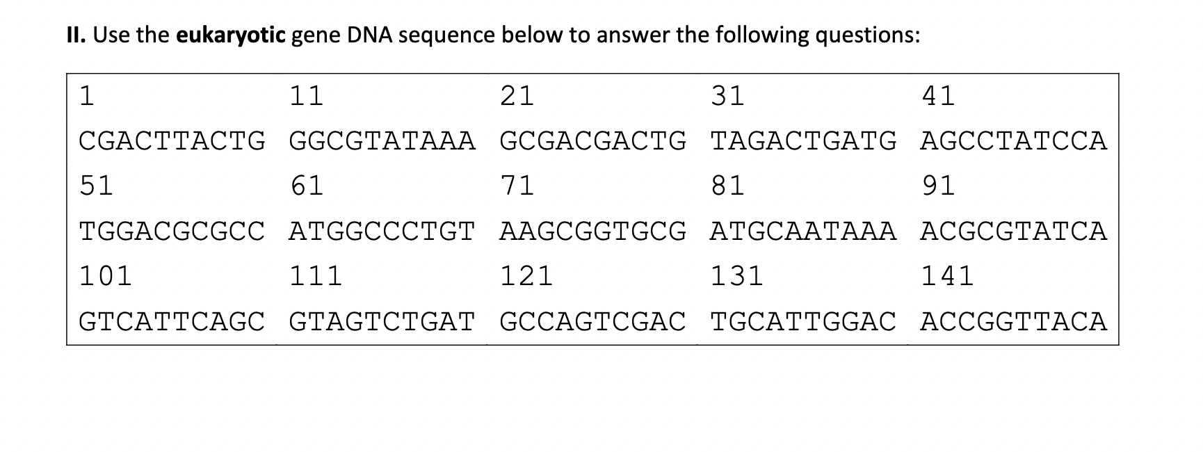 Solved II. Use the eukaryotic gene DNA sequence below to | Chegg.com