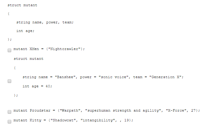 Solved struct mutant string name, power, team; int age; | Chegg.com