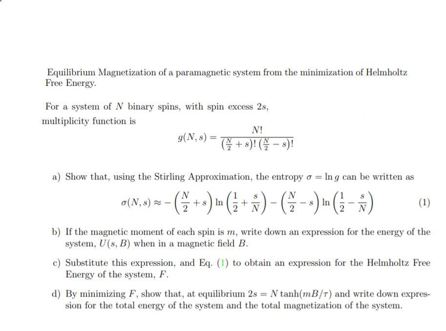 Solved Equilibrium Magnetization of a paramagnetic system | Chegg.com