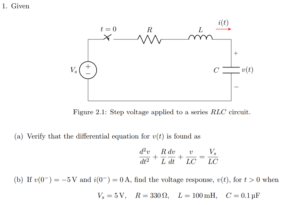 Solved 1. Given i(t) t=0 C(t) Figure 2.1: Step voltage | Chegg.com