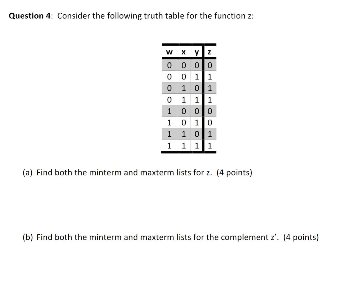 Solved Question 4: Consider the following truth table for | Chegg.com