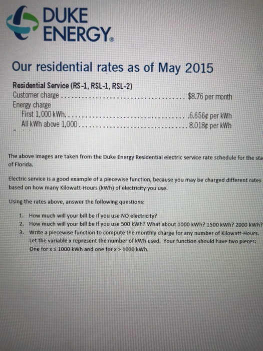Solved 人DUKE ENERGY Our residential rates as of May 2015 | Chegg.com