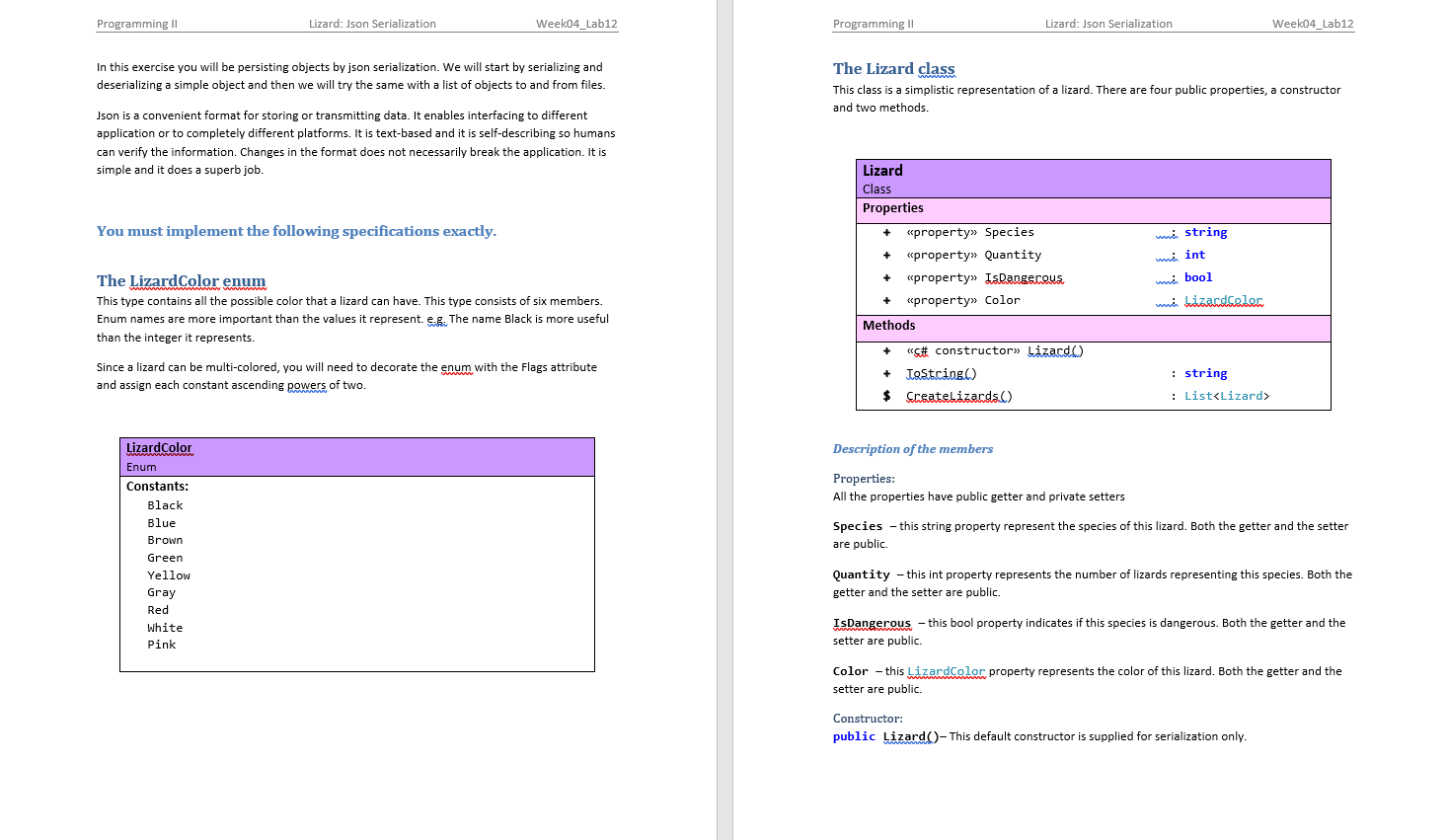 Solved Programming II Lizard: Json Serialization | Chegg.com