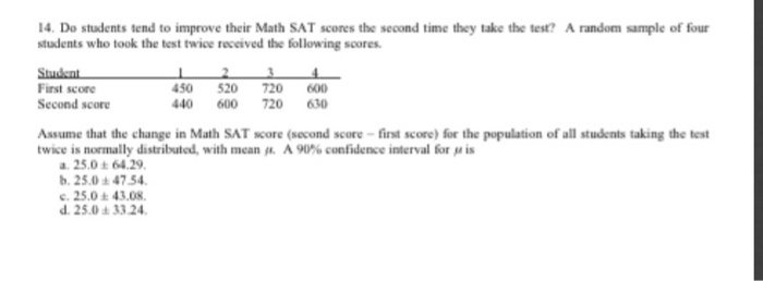 Solved 4 Do students tend to improve their Math SAT scones | Chegg.com