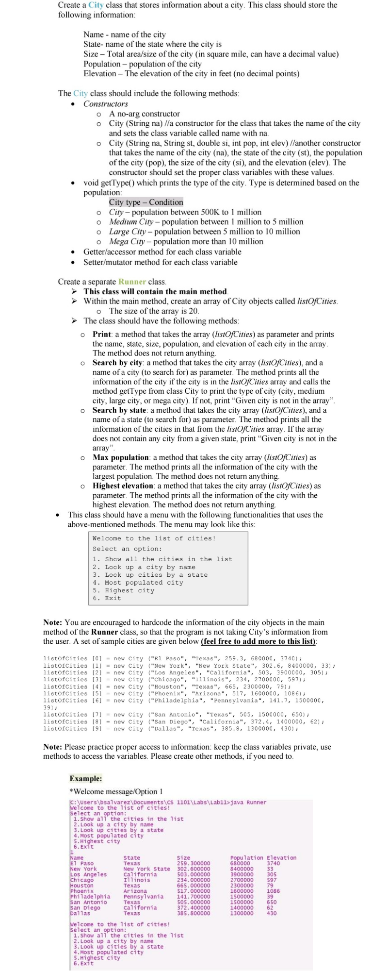 Solved Create a City class that stores information about a | Chegg.com