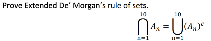 Solved Prove Extended De' Morgan's rule of sets. 10 n 4 | Chegg.com