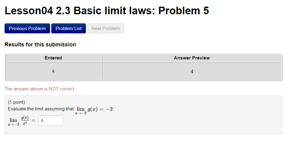 Solved Lesson04 2.3 Basic limit laws: Problem 5 Previous | Chegg.com