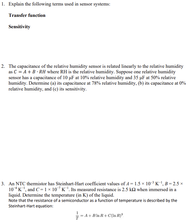 Solved The capacitance of the relative humidity sensor is | Chegg.com