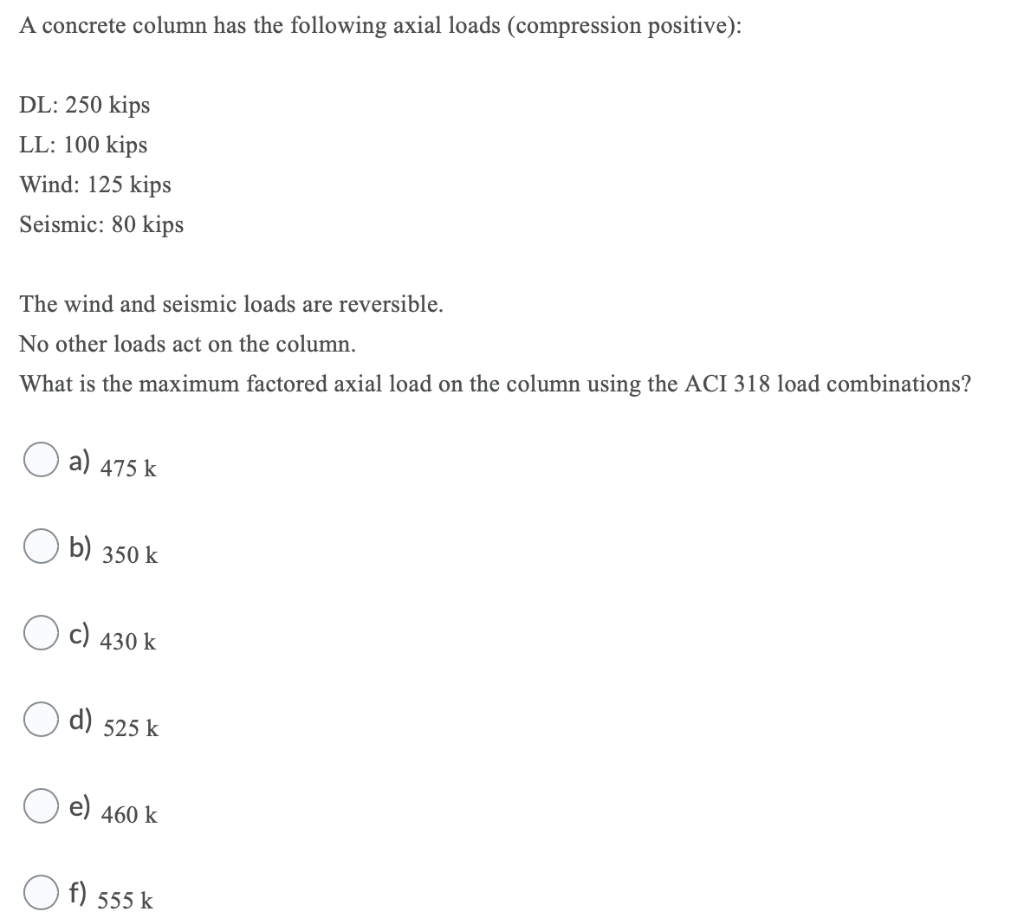 solved-a-concrete-column-has-the-following-axial-loads-chegg