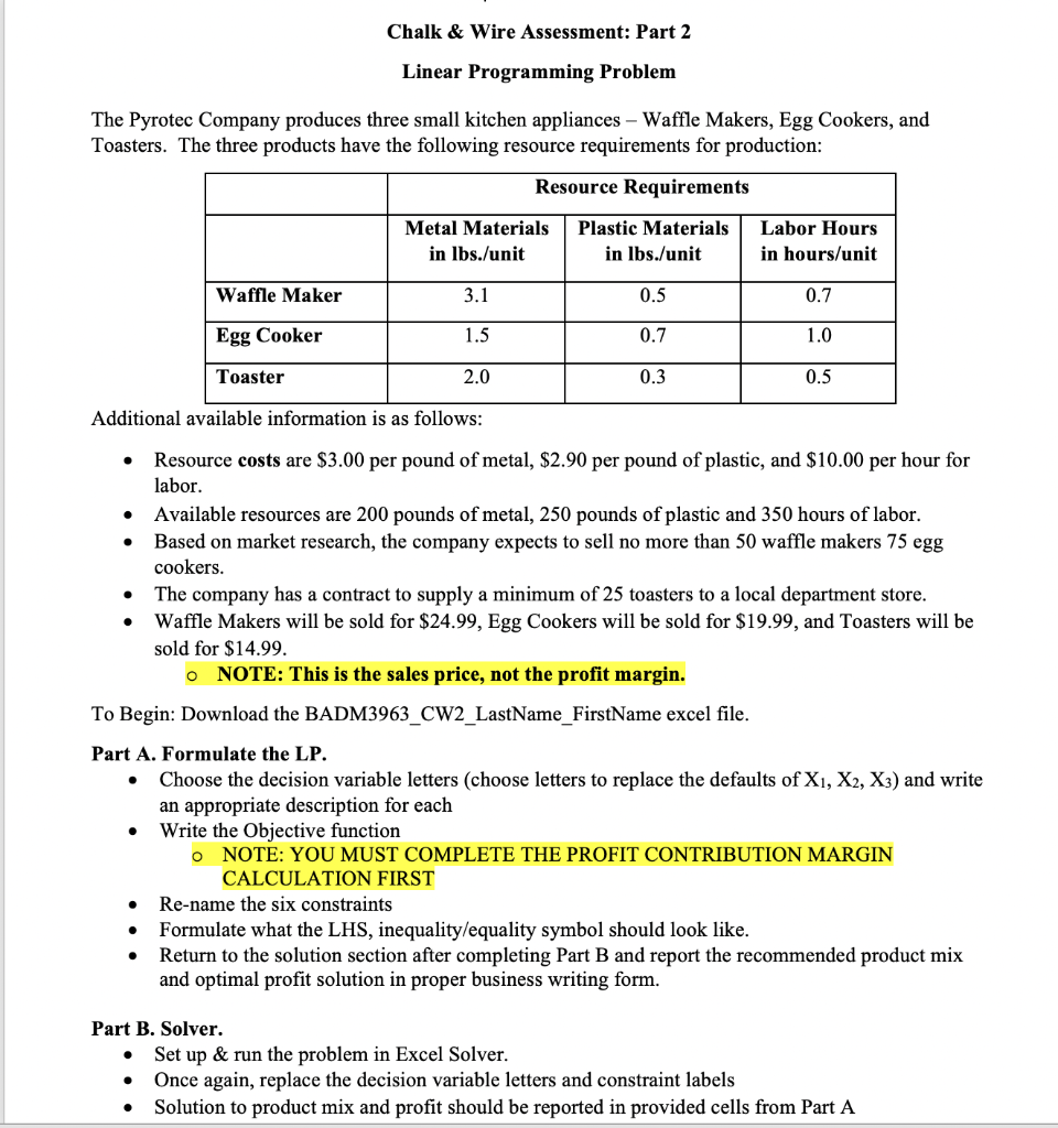 Chalk \& Wire Assessment: Part 2 Linear Programming | Chegg.com