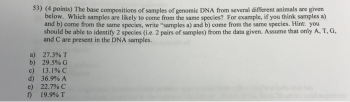 Solved 53) (4 points) The base compositions of samples of | Chegg.com