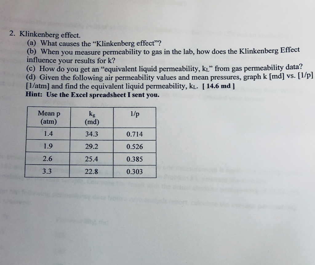 Solved 2. Klinkenberg effect. (a) What causes the | Chegg.com