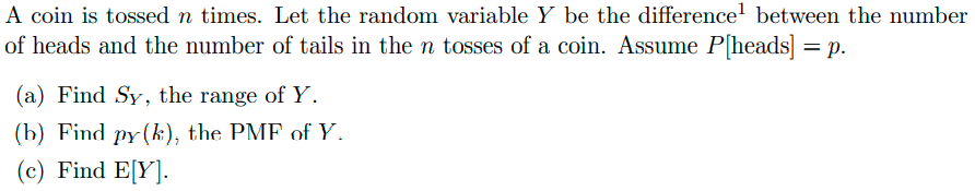 Solved A coin is tossed n times. Let the random variable Y | Chegg.com