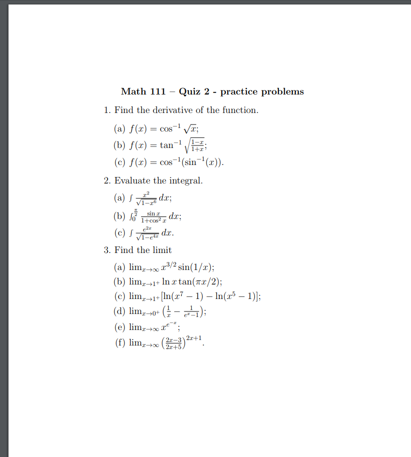 Solved Math 111 - Quiz 2 - practice problems 1. Find the | Chegg.com