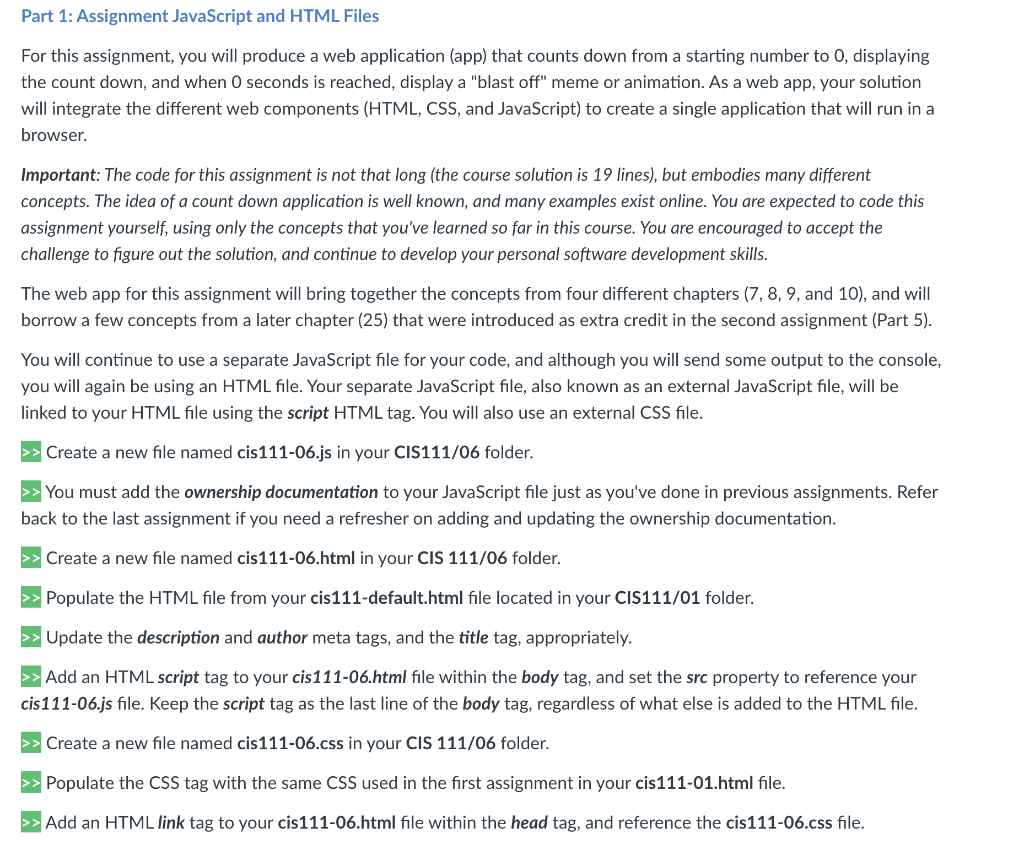 Solved Part 1: Assignment JavaScript and HTML Files For this | Chegg.com