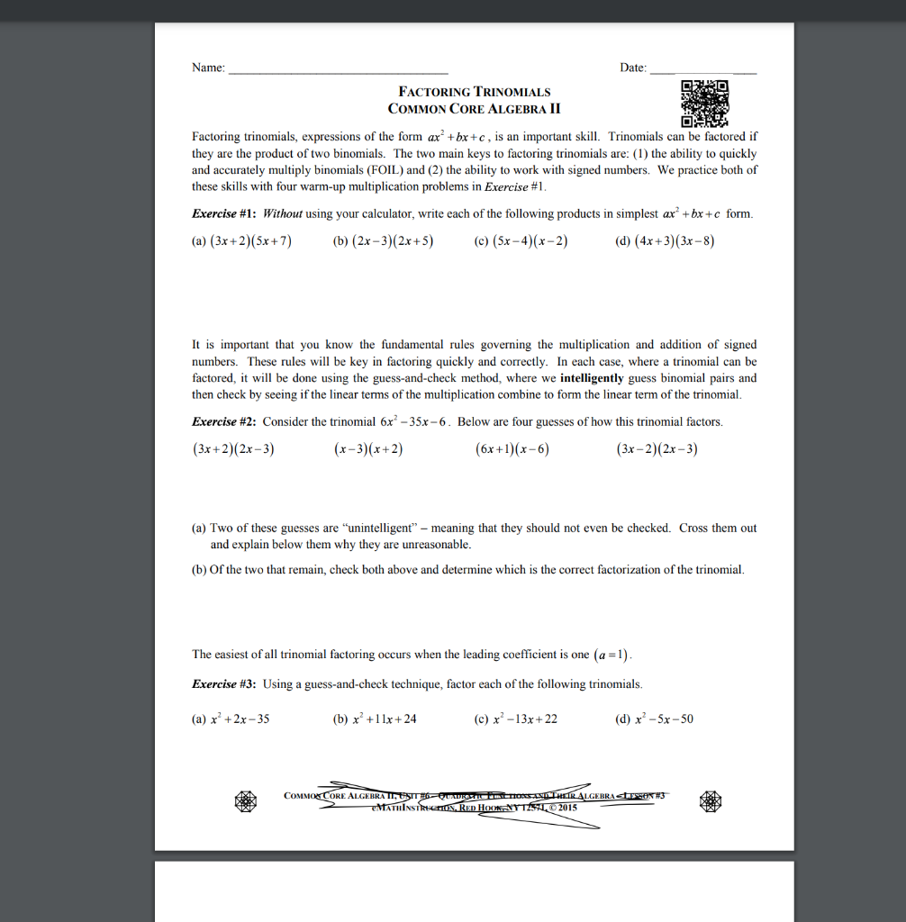 Solved Name: FACTORING TRINOMIALS COMMON CORE ALGEBRA II | Chegg.com