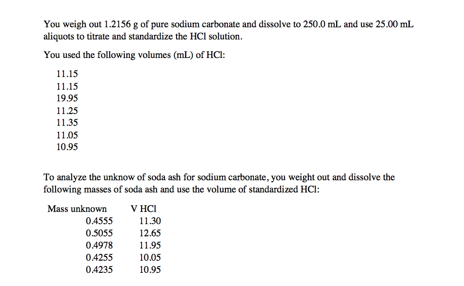 Solved Soda Ash lab a) moles of HCL b) molarity of HCL c) | Chegg.com