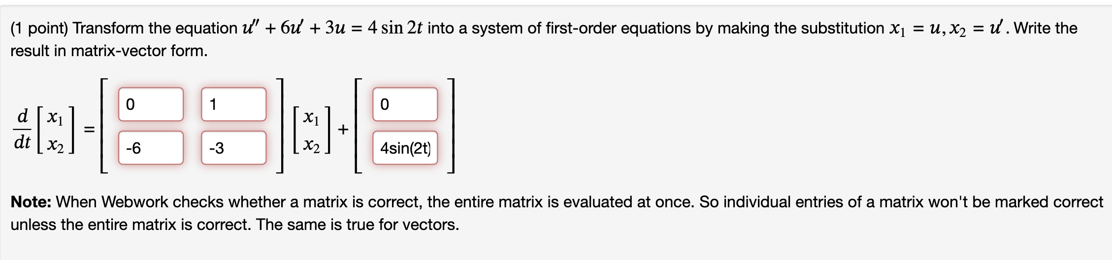 Solved (1 point) Transform the equation u′′+6u′+3u=4sin2t | Chegg.com