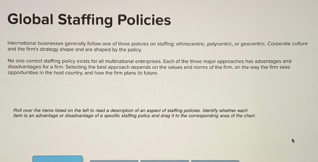 Solved Global Staffing Policies International businesses | Chegg.com