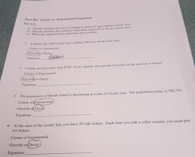 Solved Part III: Linear vs. Exponential Equations For 1-5 | Chegg.com