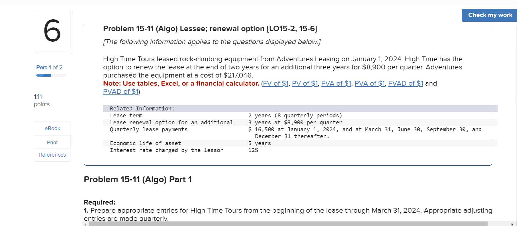 Solved Problem 15-11 (Algo) Lessee; renewal option [LO15-2, | Chegg.com