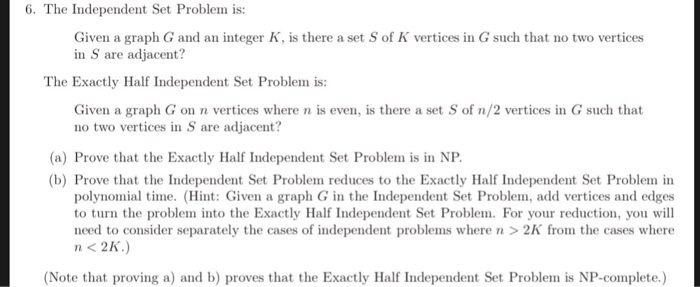 Solved 6. The Independent Set Problem is: Given a graph G | Chegg.com