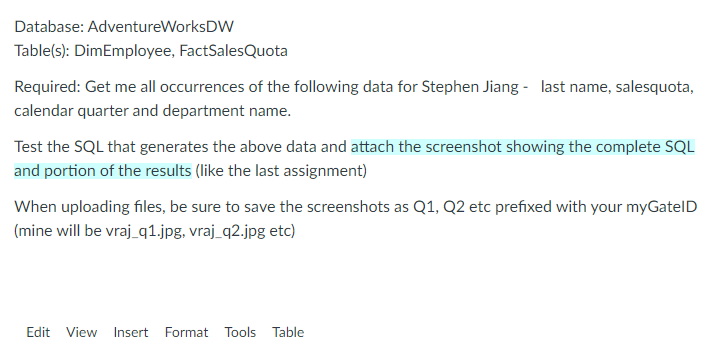 Solved Database: AdventureWorksDW Table(s): DimEmployee, | Chegg.com