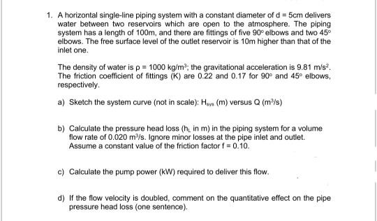 Solved 1. A horizontal single-line piping system with a | Chegg.com