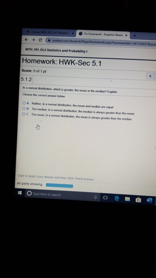 Solved Course MTH 101 O2 Statistics X Do Homework Angelina | Chegg.com