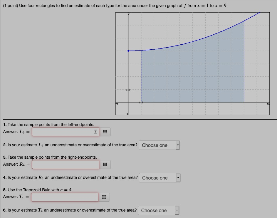 Solved (1 point) Use four rectangles to find an estimate of | Chegg.com