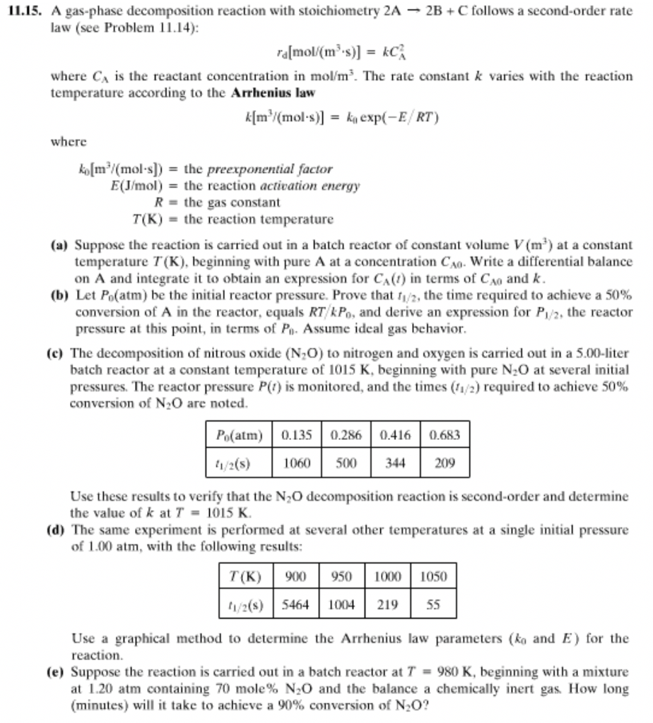Solved 11.15. A gas-phase decomposition reaction with | Chegg.com