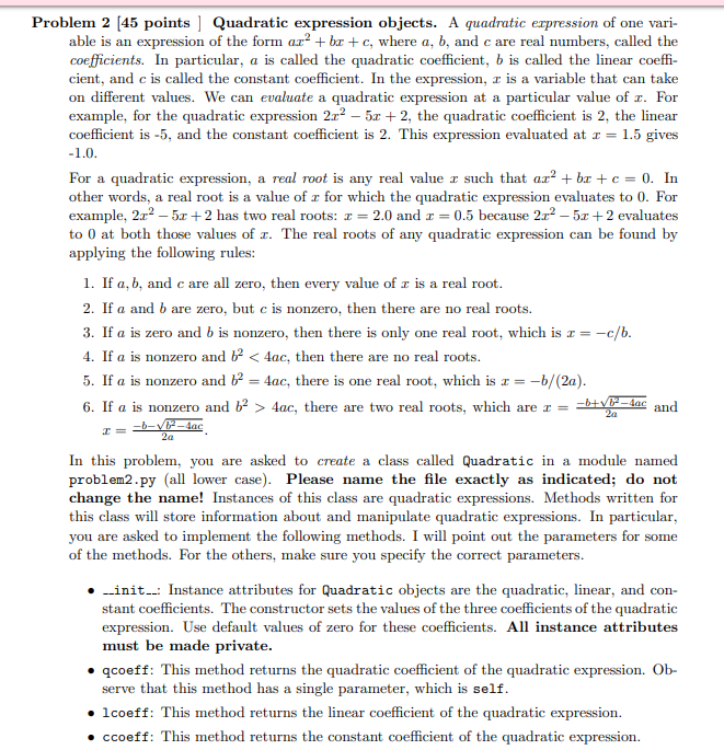 Problem 2 (45 points ] Quadratic expression objects. | Chegg.com