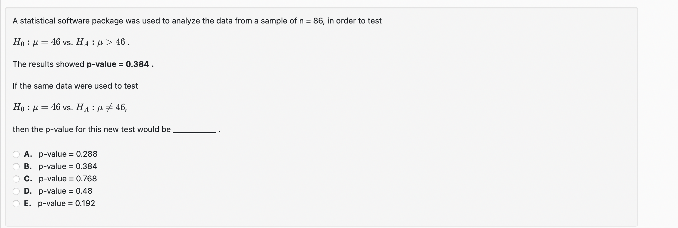Solved A statistical software package was used to analyze | Chegg.com