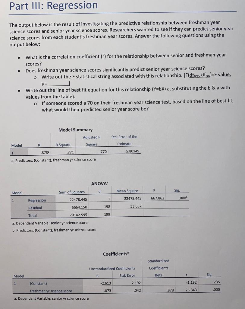 Solved Part Iii Regression The Output Below Is The Result 