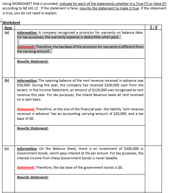 Solved Using WORKSHEET that is provided, indicate for each | Chegg.com