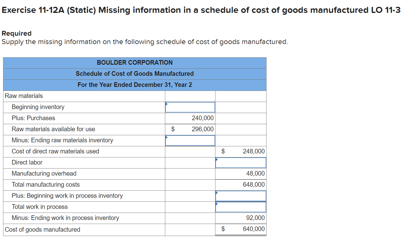 Solved Exercise 11-12A (Static) Missing information in a | Chegg.com