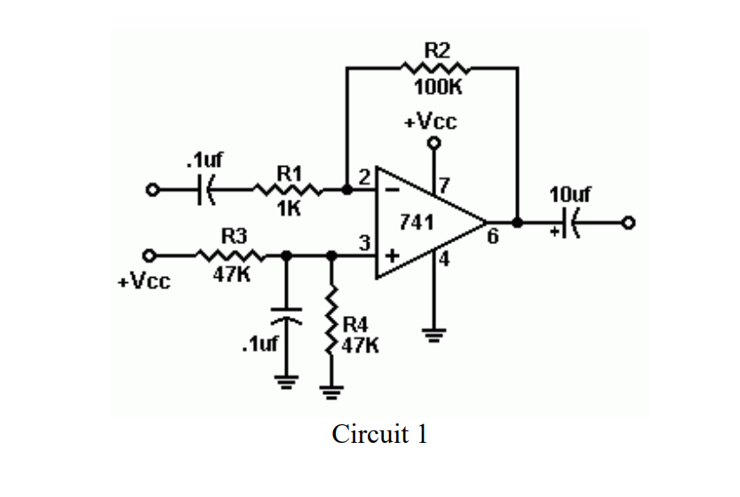 Solved R2 100K +Vcc .1uf R1 N it 10uf 1K 741 HE R3 3 6 +Vcc | Chegg.com