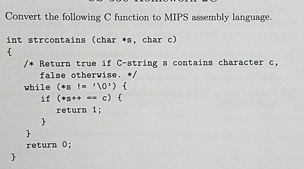 Solved LOLAA V VAA Convert the following C function to MIPS | Chegg.com