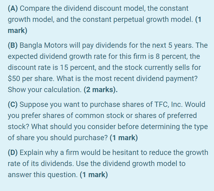 Solved (A) Compare the dividend discount model, the constant | Chegg.com
