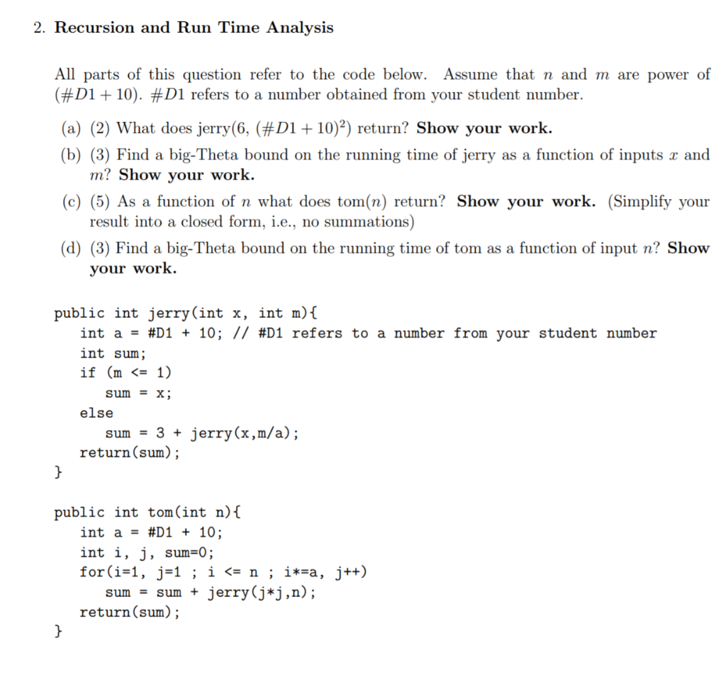 Solved 2. Recursion and Run Time Analysis All parts of this | Chegg.com