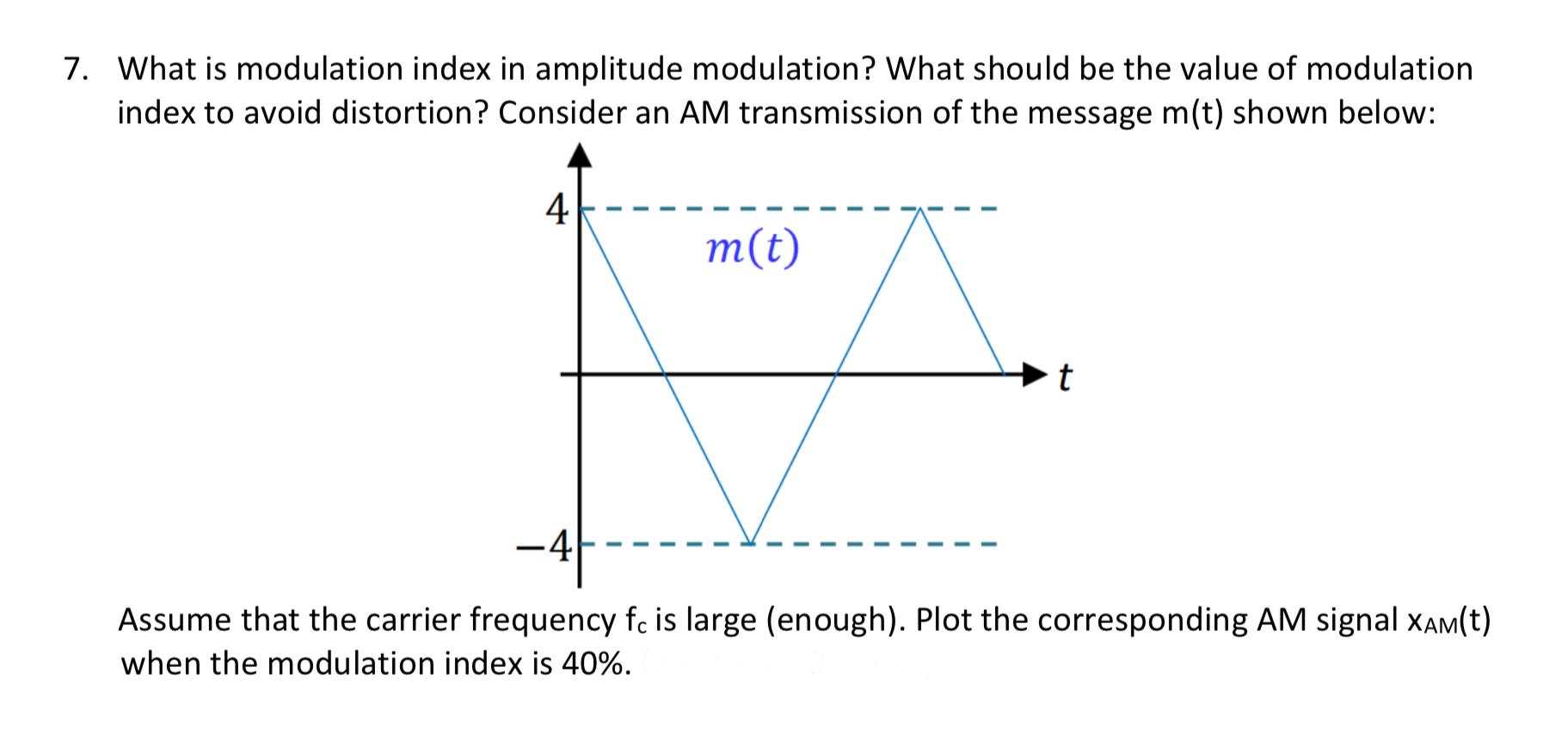 Solved 7. What is modulation index in amplitude modulation? | Chegg.com