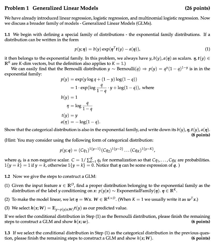 Solved Problem 1 Generalized Linear Models (26 points) We | Chegg.com