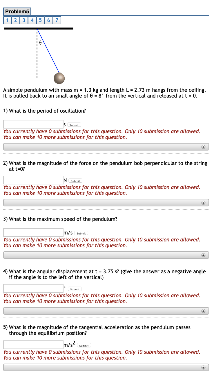 Solved Problem 1 2 3 4 5 6 7 A simple pendulum with mass m = | Chegg.com