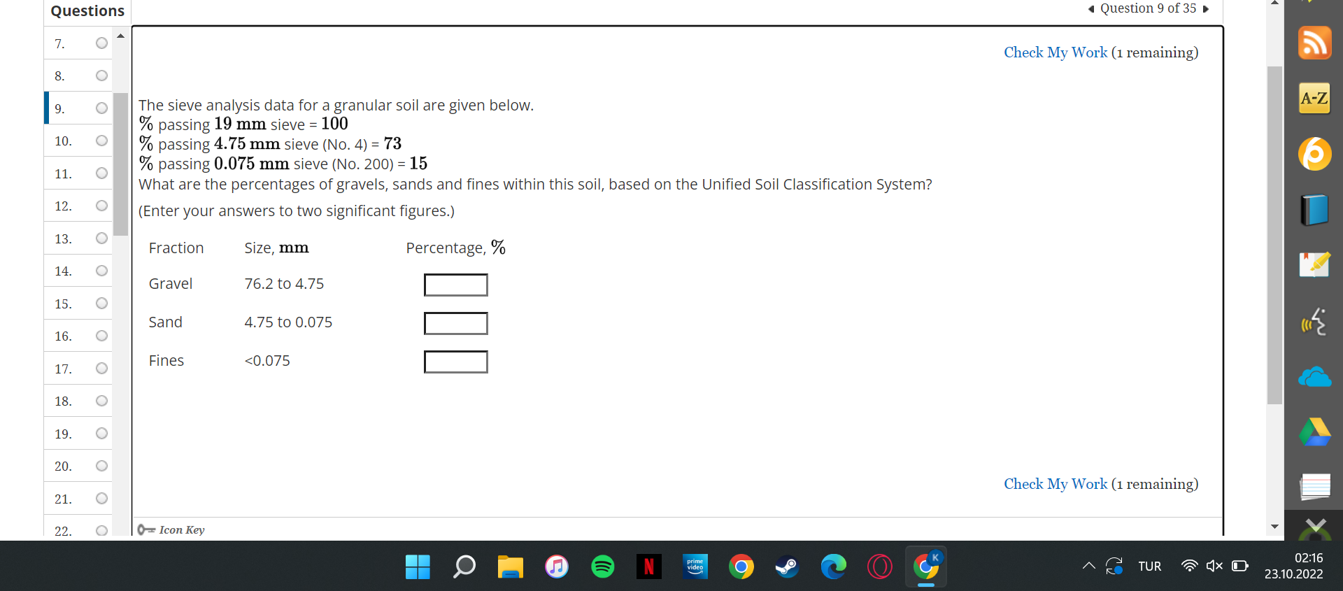 Solved Check My Work (1 remaining) The sieve analysis data | Chegg.com