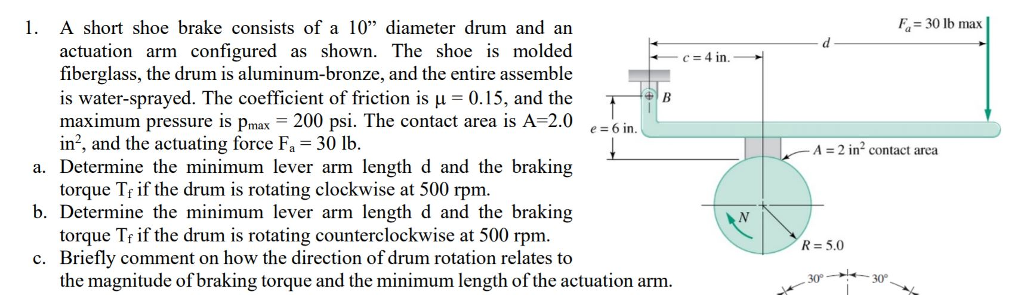 Solved 1. A short shoe brake consists of a 10" diameter drum | Chegg.com