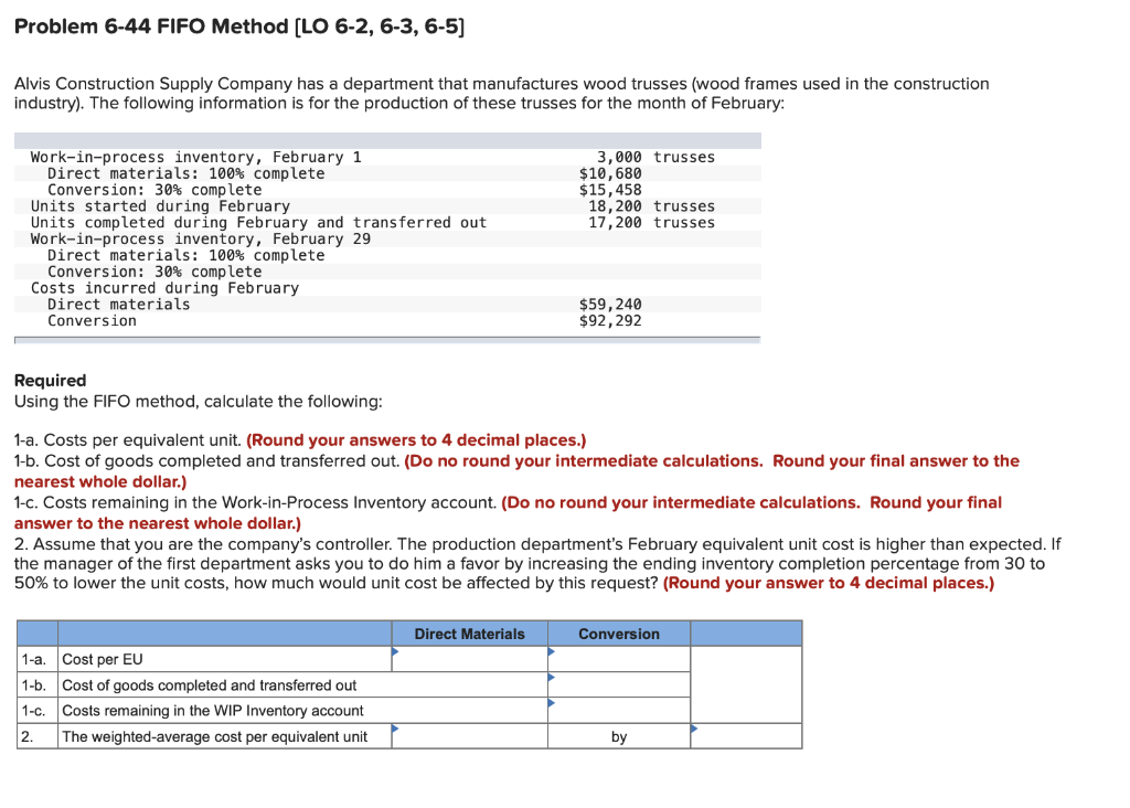 Solved Problem 6-44 FIFO Method [LO 6-2, 6-3, 6-5] Alvis | Chegg.com