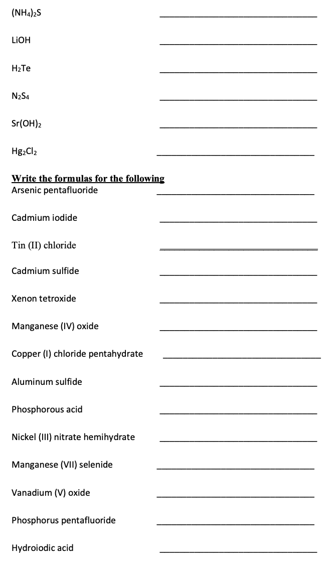 Solved (NH4)2S LiOH H2Te N2S4 Sr(OH)2 Hg2Cl2 Write the | Chegg.com